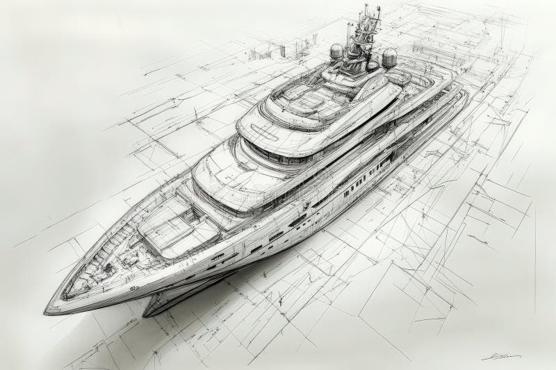 Intricate Technical Sketch of a Luxury Yacht Design Showcasing Detailed ...