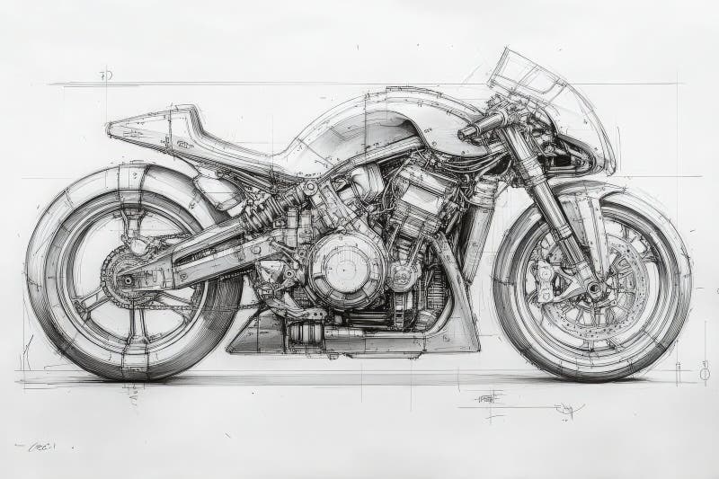 Detailed Technical Sketch Illustration of a Motorcycle Design ...