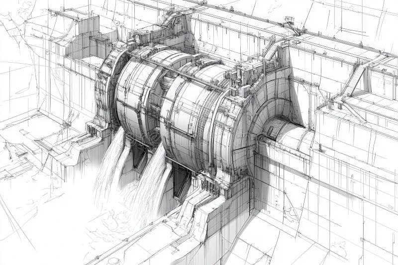 Detailed Technical Sketch of a Hydroelectric Dam Showcasing Turbines ...