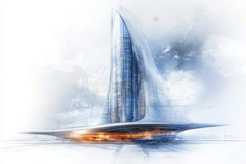 Futuristic Architectural Sketch of a Sleek Skyscraper Design with ...