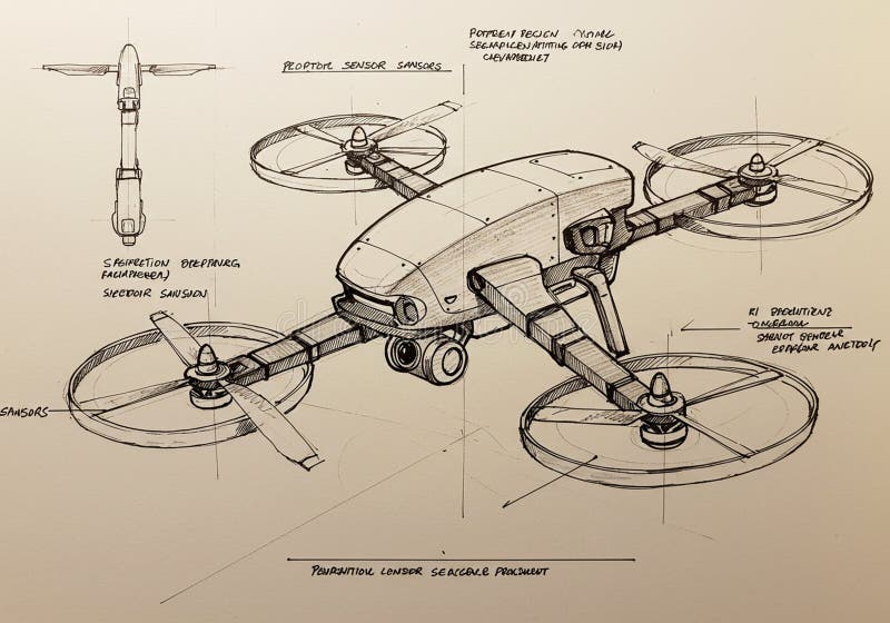 Technical Sketch of a Quadcopter Drone Design. the Drawing Shows a ...