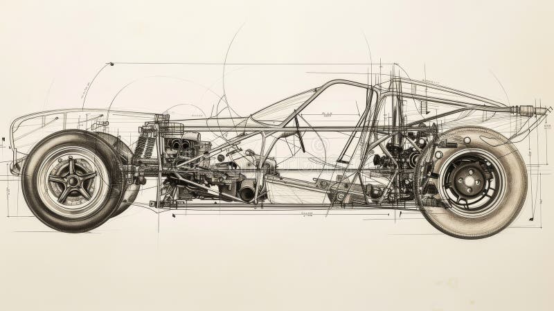 Technical Sketch of a Race Car Chassis with Internal Components Stock ...