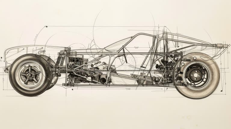 Technical Sketch of a Race Car Chassis with Internal Components Stock ...