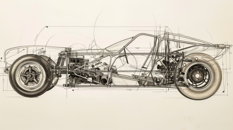 Technical Sketch of a Race Car Chassis with Internal Components Stock ...