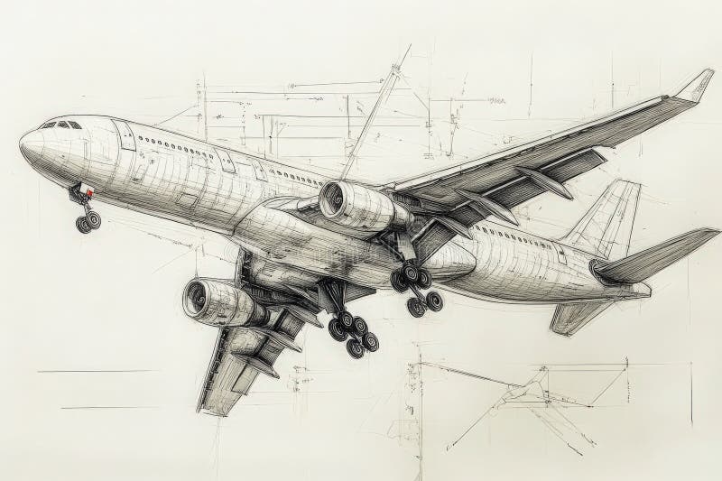 Detailed Technical Sketch of a Commercial Aircraft Design in ...