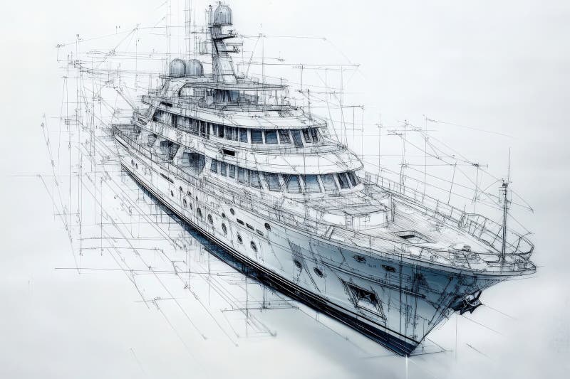 Intricate Technical Sketch of a Luxurious Yacht Designed for Maritime ...