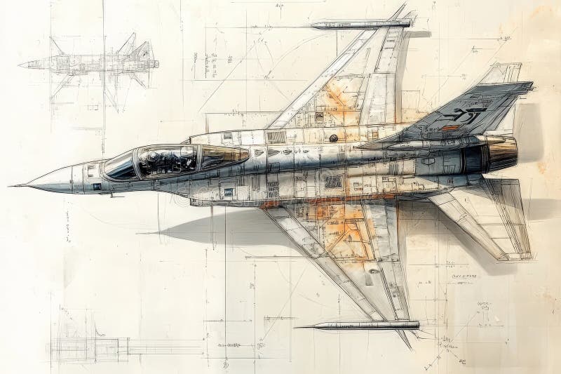 Technical Sketch of a Jet Fighter Design Featuring Detailed ...