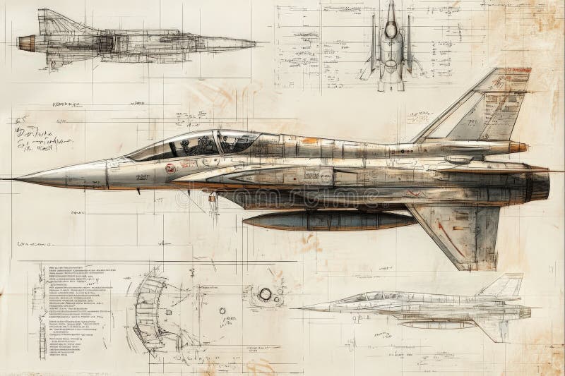 Technical Sketch of a Jet Fighter Design Featuring Detailed Drawings ...
