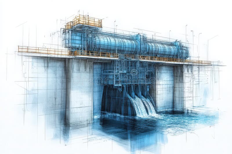 Technical Sketch of a Hydroelectric Dam Design Showcasing Water Flow ...