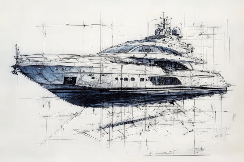 Intricate Technical Sketch Drawing of a Modern Yacht Showcasing Design ...