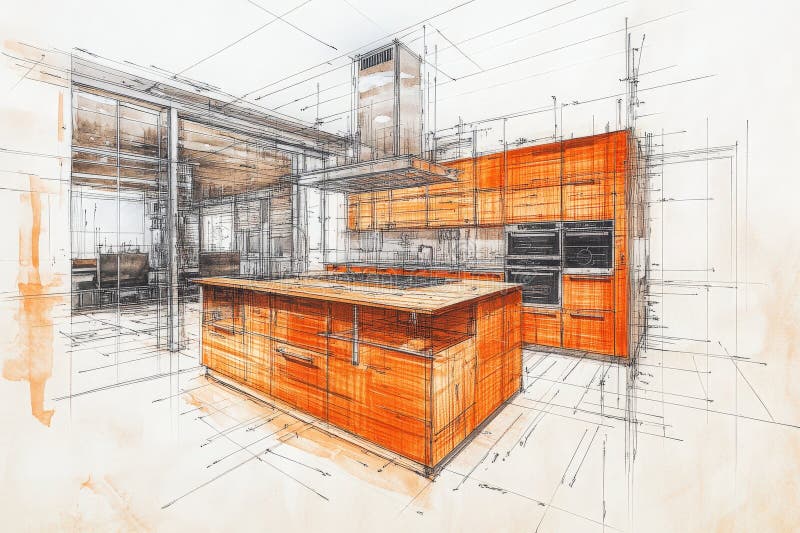 Technical Sketch Illustrating a Modern Kitchen Design with an Island ...
