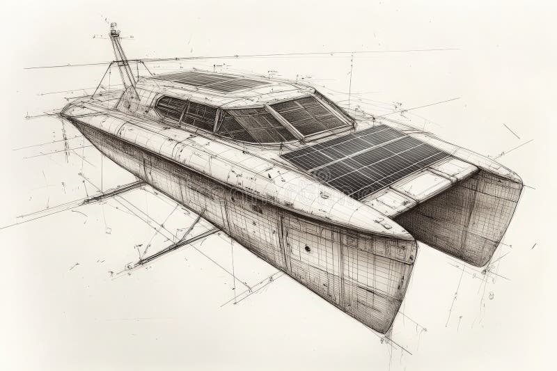 Technical Sketch of a Solar-powered Catamaran Design with Detailed ...