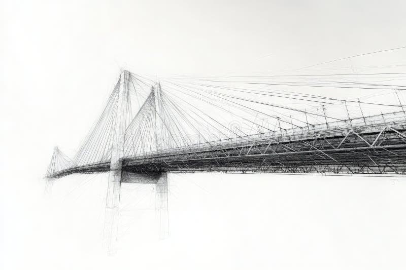 Technical Sketch of a Suspension Bridge Design Featuring Cables and ...