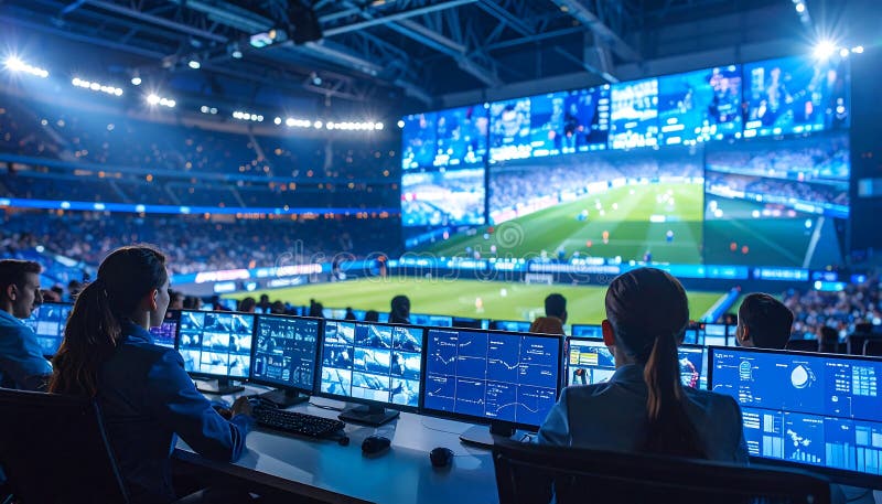 Technical Staff in a Broadcast Control Room Monitor a Live Soccer Match with Multi-screen Data ...