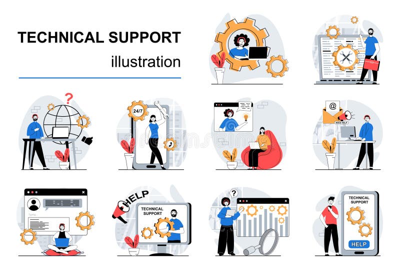 Technical Support Concept with Character Situations Mega Set. Vector ...