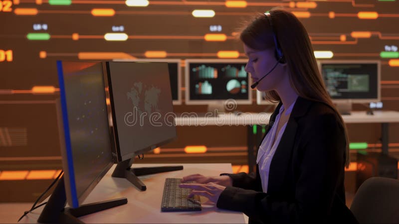 Technical Support in Control Room. Female it Specialists in Headsets ...