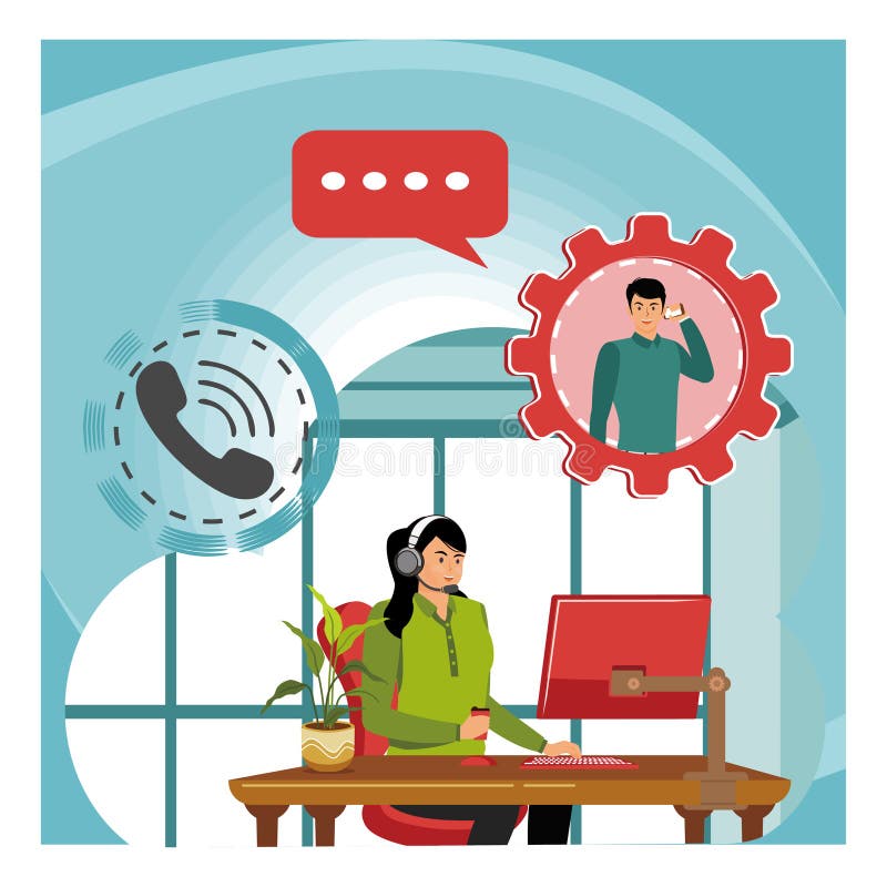 Technical Support and Customer Care. Woman with Headset is Sitting at ...