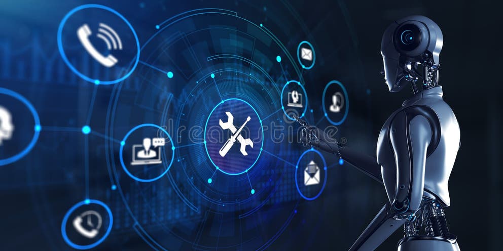 Technical Support Customer Service Automation. Robot Pressing Button on ...