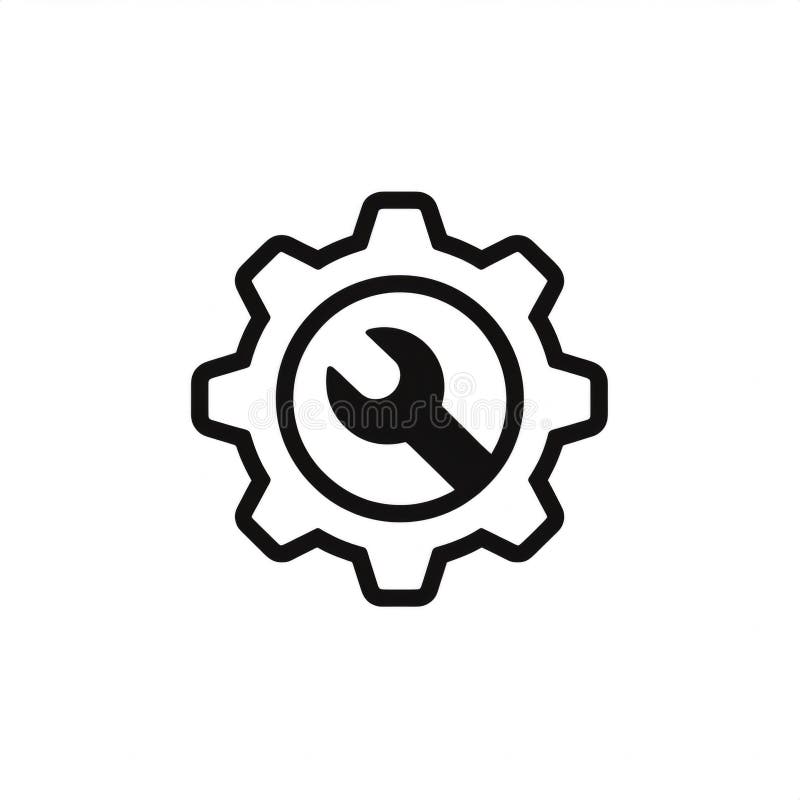 Simple Black and White Icon of a Gear with a Wrench, Symbolizing ...