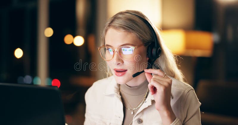 Technical Support, Headset and Woman Consultant in Office at Night for ...