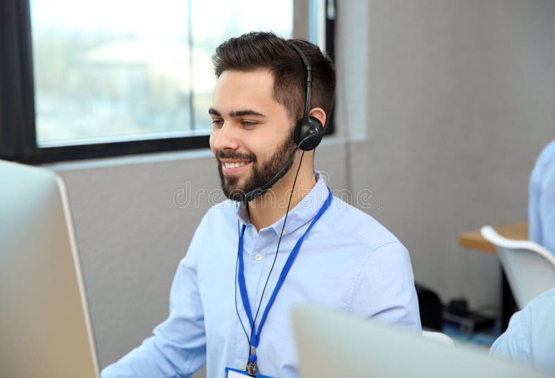 Technical Support Operator with Headset Working Stock Image - Image of ...
