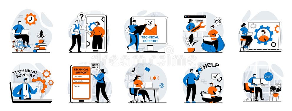 Technical Support Web Concept with People Scenes Mega Set in Flat Design. Bundle of Character ...