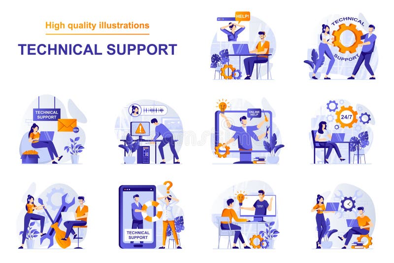 Technical Support Web Concept with People Scenes Set in Flat Style ...