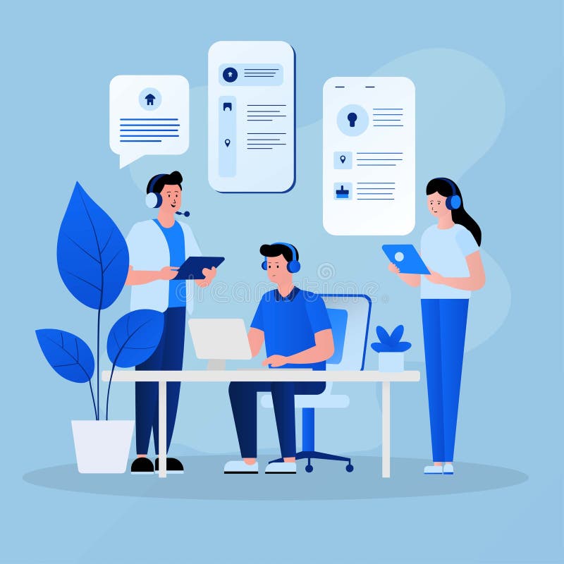 Technical Team Support Concept with People Flat Vector Blue Color ...