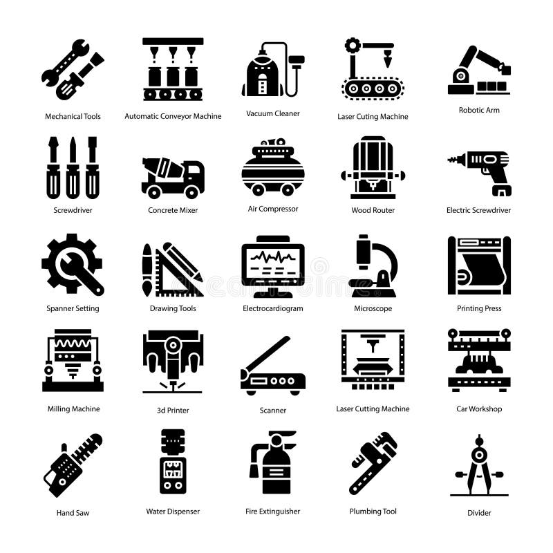 Technical Tools and Machines Solid Icons Set Stock Vector ...