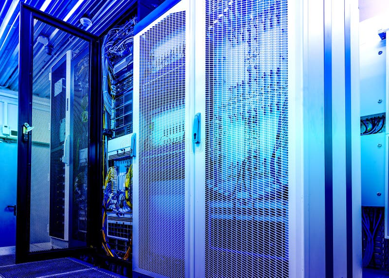 Technical Wall of Cellular Data Terminal Rows with Opened Mesh Door ...