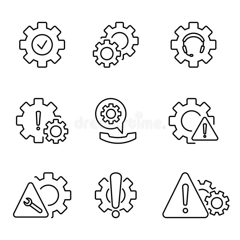 Technical Warning Set Icon Program Settings Issue Device Configuration Problem Stock Vector