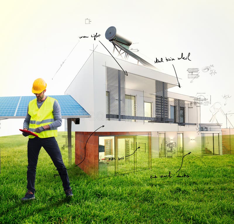 Technical at Work with a Building of a New House Stock Image - Image of ...