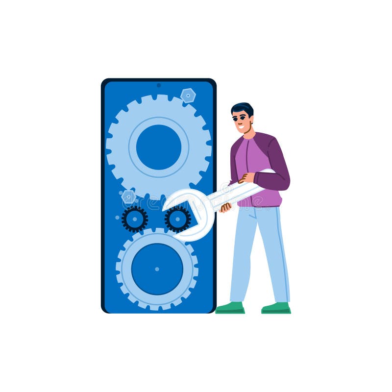 Technician Adjusting Gears of a Giant Smartphone Using a Wrench Stock ...