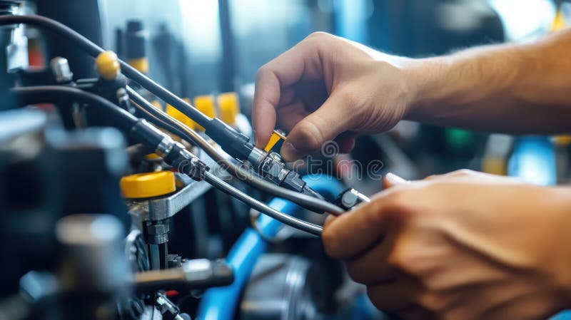 A Technician Adjusting Hydraulic Connections on Machinery for ...