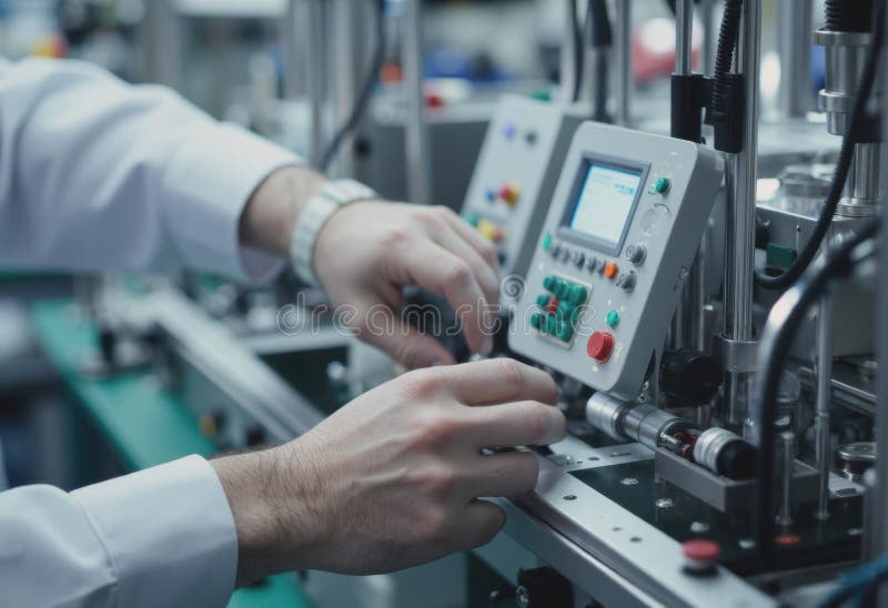Technician Adjusting Machinery Controls in a Modern Manufacturing ...