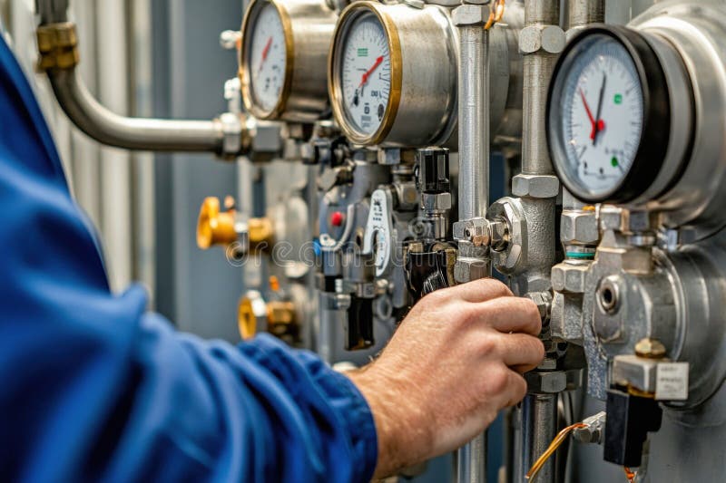 Technician Adjusting Pressure Gauge Using Tool in Industrial Setting ...