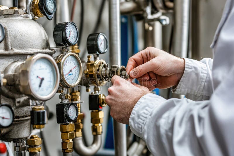 Industrial Worker Adjusting Pressure Gauge Factory Setting Stock Photos ...