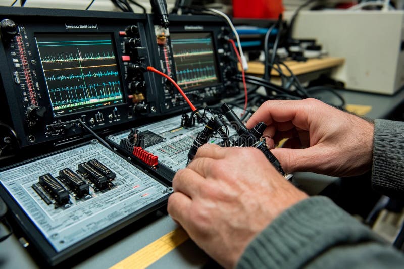 Technician Analyzing Electrical Signals with Testing Equipment in a ...