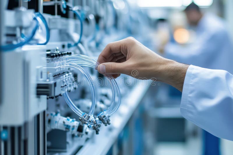 A Technician Adjusts Tubing on a Complex Industrial Machine in a Lab ...