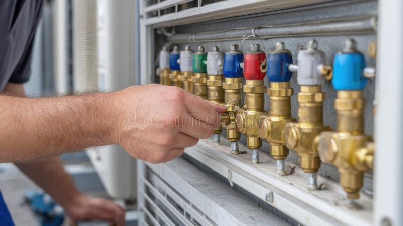 Technician Adjusts Valve Controls on Refrigeration Unit at Commercial ...