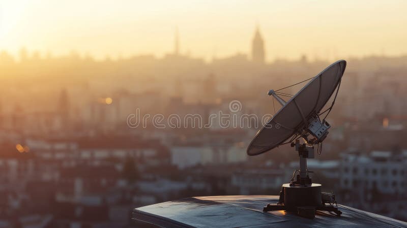 Technician Aligns Satellite Dish on Roof Using Compass with Urban ...