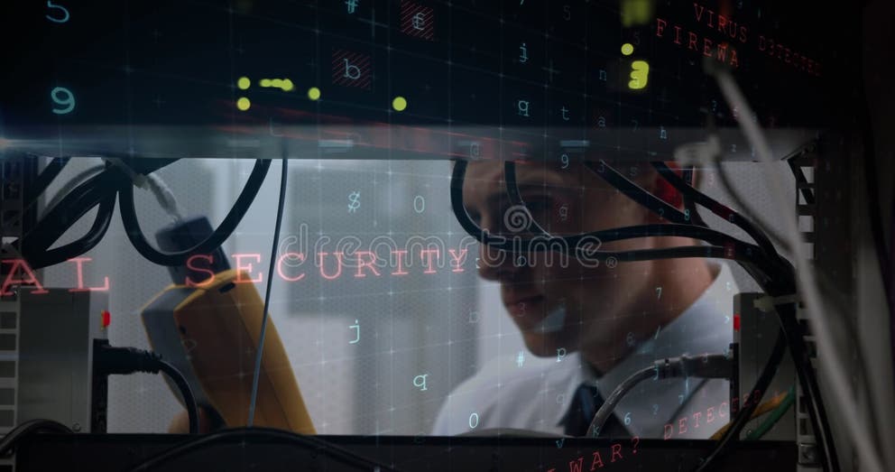 Technician Analyzing Server Data with Multimeter in High-tech Lab ...