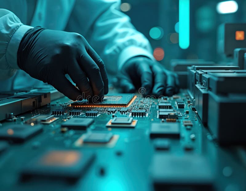 Technician Assembles Microchip on Circuit Board. Futuristic Laboratory ...