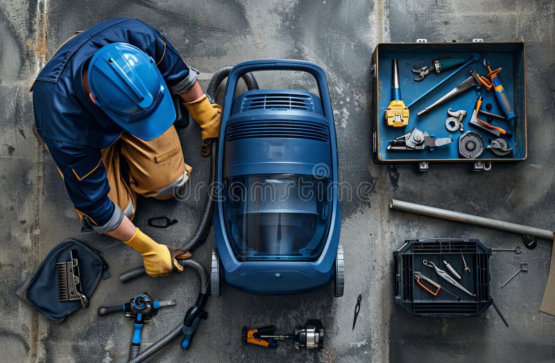 Technician Assembling Blue Vacuum Cleaner with Various Tools on ...
