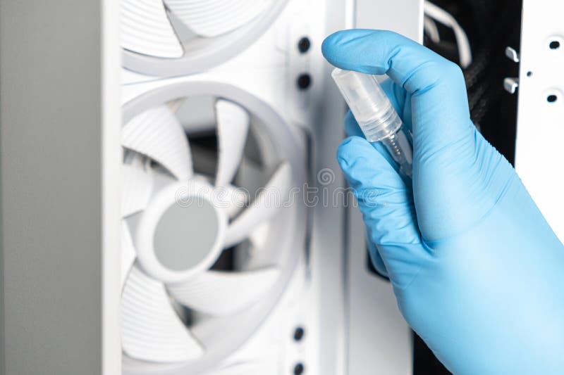 Technician in Blue Glove Using Spray Bottle To Clean Cooling Fan Inside ...