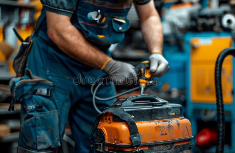 Technician in Blue Overalls Using Tools To Perform Maintenance or ...