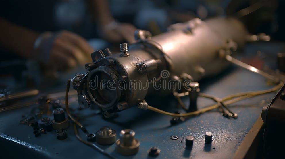 Technician Calibrates a Complex Device in a Workshop with Precision ...