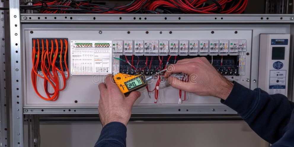Technician Performs Electrical Testing on a Control Panel in a Workshop ...