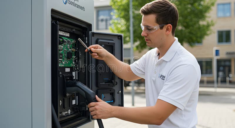 Technician Inspecting Electric Vehicle Charging Station Internal ...