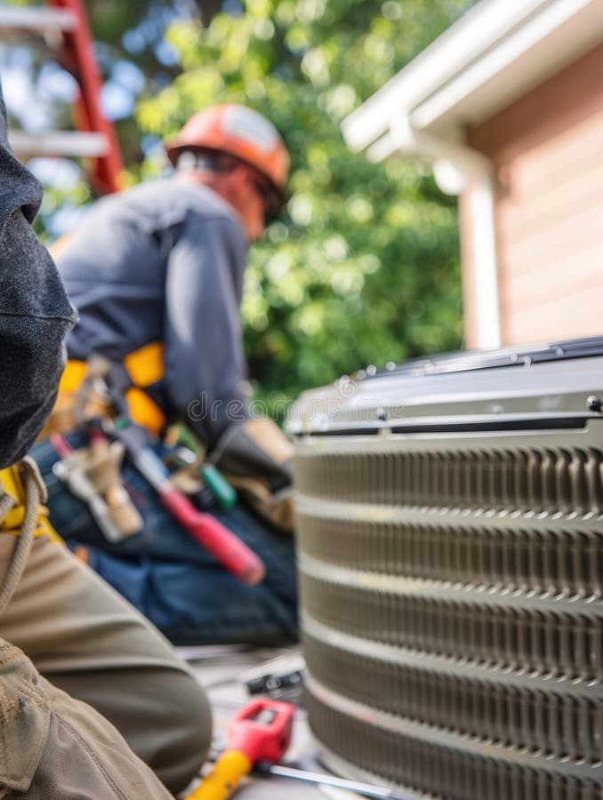 Technician Performs Air Conditioning Installation at a Residential ...